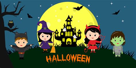 즐거운 할로윈 보내세요 할로윈 파티 아이 들 밤에 보름달의 배경에 대해 다른 의상 문자 만화 평면 벡터 공포 무서움에 대한 스톡 벡터 아트 및 기타 이미지 Istock