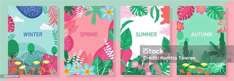 벡터 세트 꽃 배경 자연 배경 사계절 템플릿 배너 표지 템플릿 엽서 가을에 대한 스톡 벡터 아트 및 기타 이미지 가을 겨울 계절 Istock