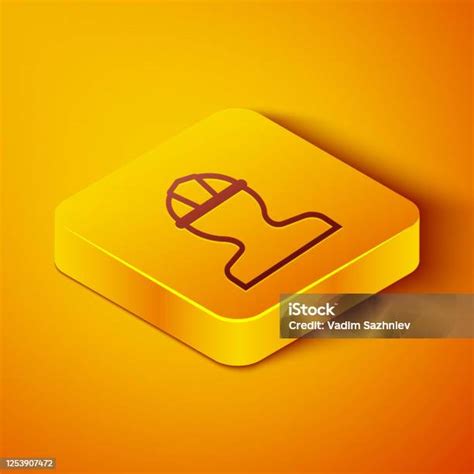 주황색 배경에 격리된 등색 라인 작업자 안전 헬멧 아이콘 노란색 정사각형 버튼입니다 벡터 일러스트레이션 3차원 형태에 대한 스톡 벡터 아트 및 기타 이미지 Istock