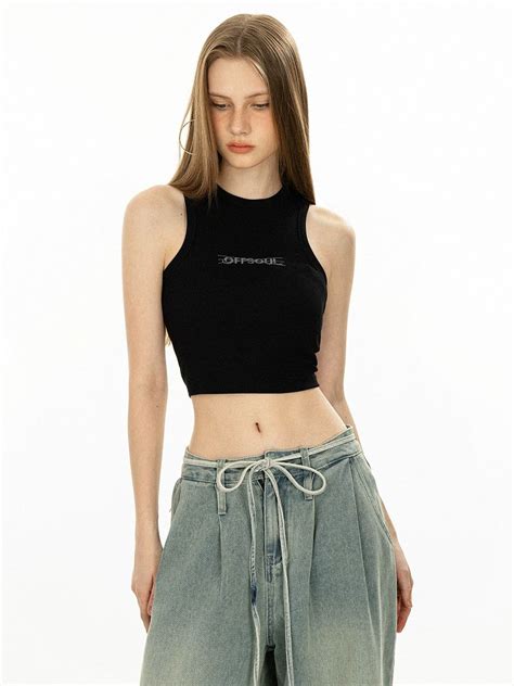 Embroidered Logo Ribbed Crop Tank Top The Korean Fashion The Korean