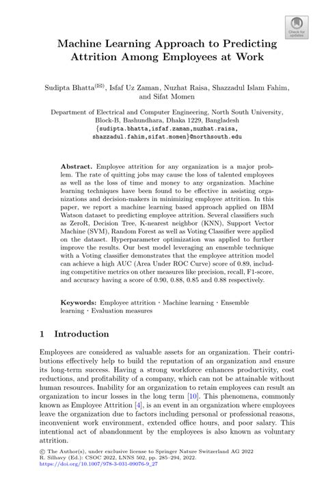 Pdf Machine Learning Approach To Predicting Attrition Among Employees At Work