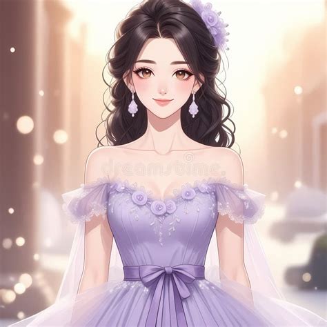 A Beautiful Anime Girl Standing In Elegantly Wearing A Light Purple Gown With Warm Smile