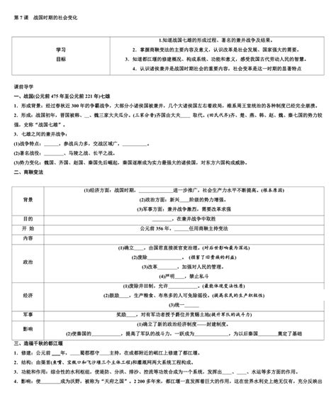 第7课 战国时期的社会变化 导学案 （无答案）21世纪教育网 二一教育