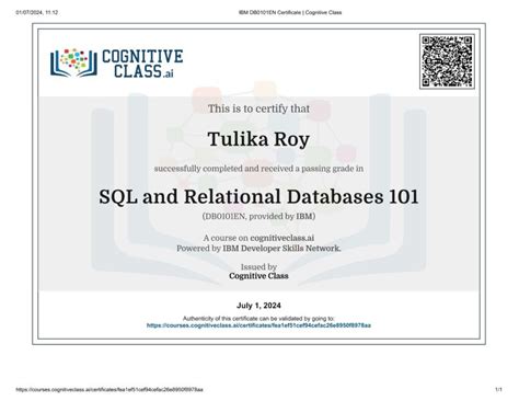 Completed Sql And Relational Databases Course By Ibm Tulika Roy