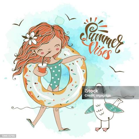 갈매기와 해변에서 수영 원이있는 수영복을 입은 귀여운 소녀 여름 진동 벡터 귀여운에 대한 스톡 벡터 아트 및 기타 이미지 귀여운 러시아 만화 Istock