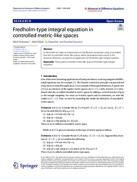 Pdf Fredholm Type Integral Equation In Controlled Metric Like Spaces