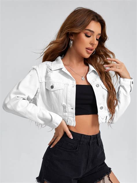 Ripped Raw Trim Crop Denim Jacket Cropped Denim Jacket Cropped Denim