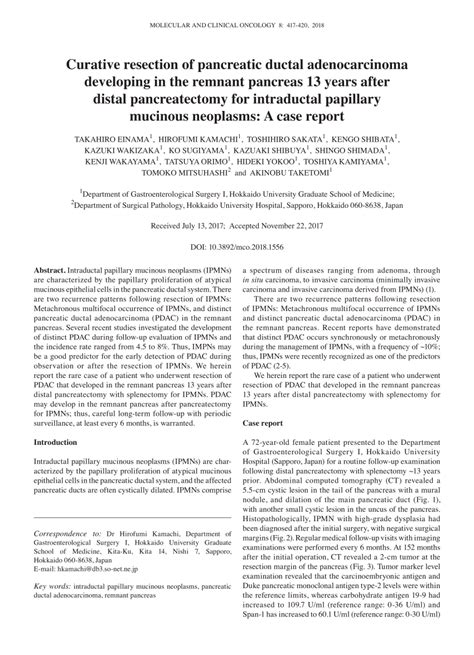 Pdf Curative Resection Of Pancreatic Ductal Adenocarcinoma Developing In The Remnant Pancreas