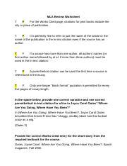 MLA Review Worksheet Citations In Text Citations And Works Course Hero