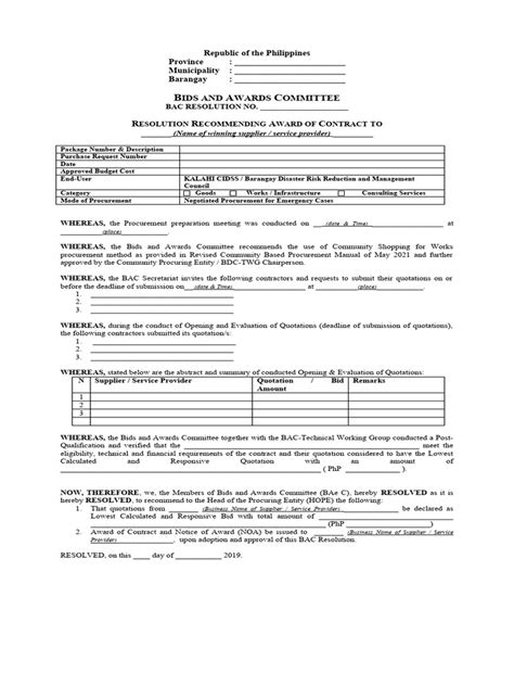 Bac Resolution Recommending Award Of Contract Pdf Procurement