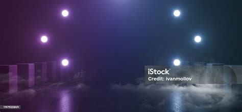 연기 안개 공상 과학 소설 미래 스튜디오 조명 레이저 네온 튜브 빛나는 보라색 파란색 그런 지 콘크리트 바 댄스 단계 연단 차고 지하 빈 3d 렌더링 0명에 대한 스톡 사진