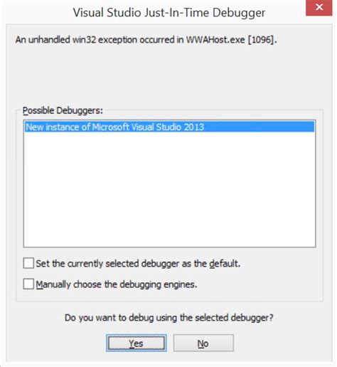 Windows How To Debug Unhandled Win Exception In WinJS Win Store App Stack Overflow