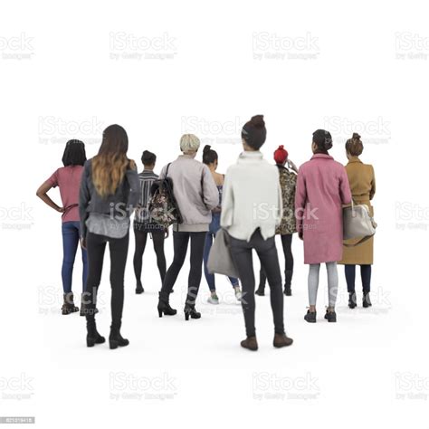 군중 여자를 서 있는의 보기를 다시 흰색 배경 고립 된 3 차원 렌더링에 그림입니다 군중에 대한 스톡 사진 및 기타 이미지 군중 뒤 등 Istock