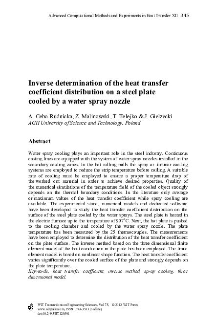 Pdf Inverse Determination Of The Heat Transfer Coefficient Distribution On A Steel Plate