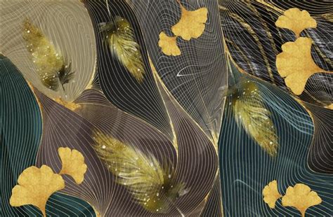 نقاشی دیواری کاغذ دیواری مدرن شکل های طلایی آبی خاکستری سیاه و چوبی با خطوط برگ ها و پرهای طلایی