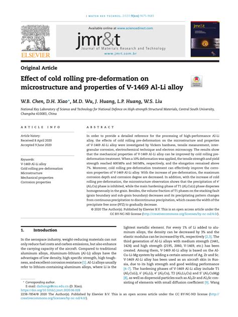 Pdf Effect Of Cold Rolling Pre Deformation On Microstructure And Properties Of V 1469 Al Li Alloy
