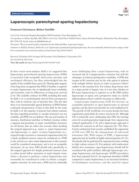Pdf Laparoscopic Parenchymal Sparing Hepatectomy