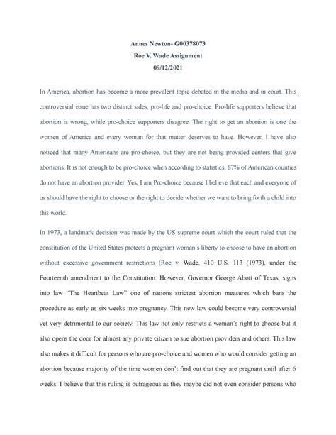 Annes Newton Roe Vwade Assignment Annes Newton G Roe V Wade Assignment 0912 In America