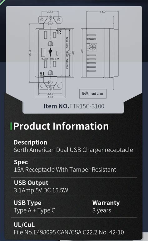 American Standard Tamper Resistant Usb Socket Fast Charge Usb Plug