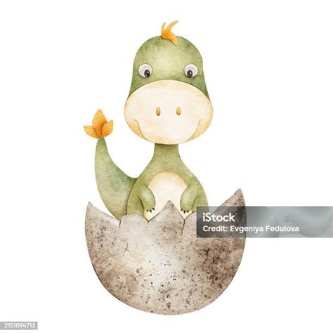 알에서 부화한 귀여운 아기 공룡 공룡의 고립된 손으로 그린 수채화 그림입니다 티라노사우루스 렉스 달걀 어린이 초대장 베이비 샤워 아이 방 장식 옷 0명에 대한 스톡 벡터