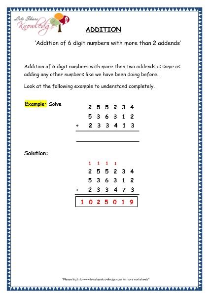 Grade 4 Maths Resources 1 4 4 Addition Of 6 Digit Numbers With More