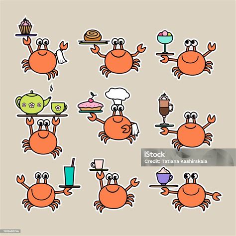 음료와 과자를 제공하는 귀여운 만화 게 세트 커피 에스프레소 라떼 찻주전자에 담긴 차 케이크 롤빵 파이 아이스크림 벡터