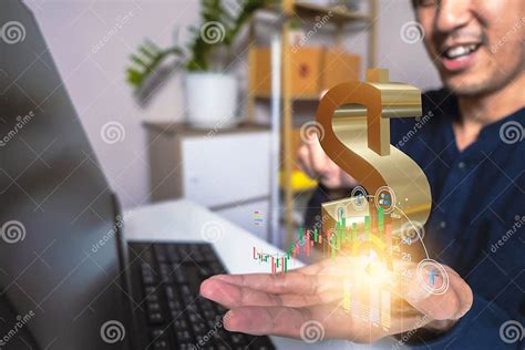 Asian Man Hold Ui Interface Web Map App Cloud Online To Laptop So Finger Touch Online Connect
