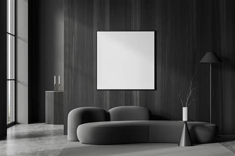 소파와 장식 파노라마 창문이 있는 회색 차가운 인테리어 모형 프레임 0명에 대한 스톡 사진 및 기타 이미지 0명 3차원 형태 가구 Istock