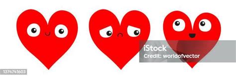 빨간색 하트 아이콘 세트 라인 배너입니다 귀여운 얼굴 머리 해피 발렌타인 데이 가와이이 만화 재미있는 아기 캐릭터 사랑 기호 기호 하트 이모티콘 커플 인사말 카드 플랫
