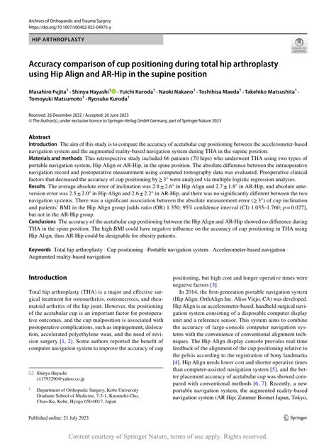 Accuracy Comparison Of Cup Positioning During Total Hip Arthroplasty Using Hip Align And Ar Hip