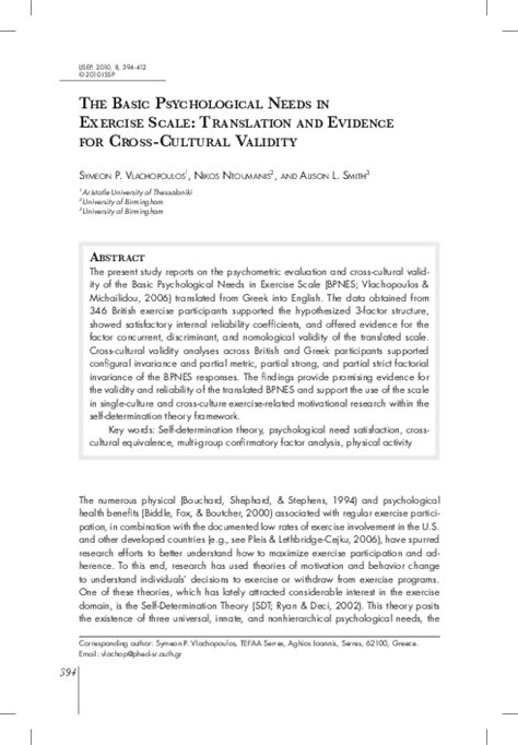 Pdf The Basic Psychological Needs In Exercise Scale Translation And Evidence For Cross
