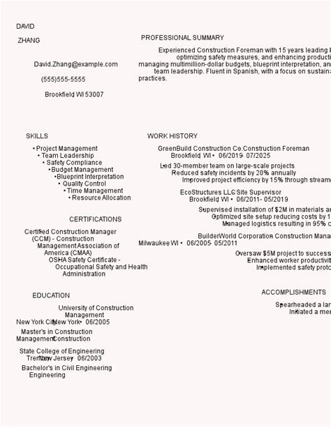 Construction Foreman Resume Examples And Templates