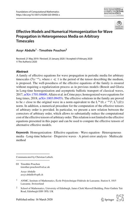 Pdf Effective Models And Numerical Homogenization For Wave