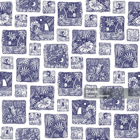 벡터 패치워크 원활한 패턴입니다 파란색과 흰색 손으로 그린 스케치 하와이 해변 보드세일링 파도 수영복을 입은 여인 야자수 잎 히비스커스 꽃 연속무늬에 대한 스톡 벡터 아트