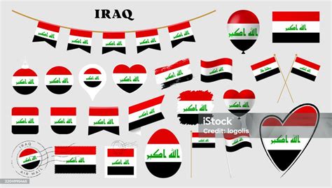 이라크 국기 세트 심장 방패 부활절 달걀 위치 원 소인 그런 지 광장 원형 및 직사각형 벡터 일러스트 레이 션과 같은 다양한 모양의 다양한 국기 컬렉션 0명에 대한 스톡