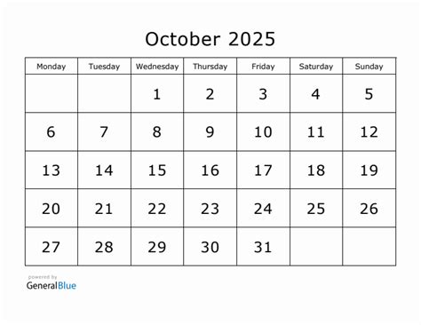 October 2025 Monday Start Calendar Pdf Excel Word