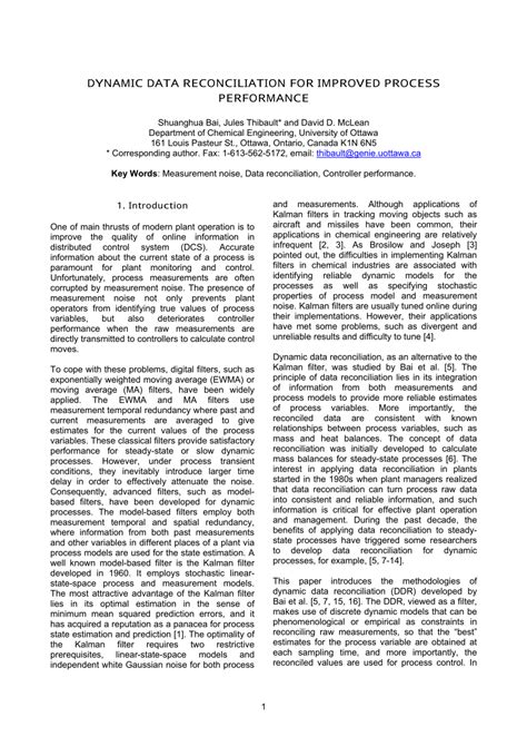 Pdf Dynamic Data Reconciliation For Improved Process Performance