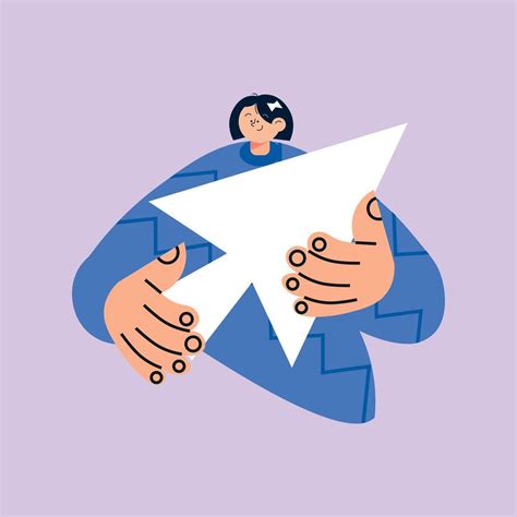 Cartoon Style Woman Holding A Giant Computer Mouse Cursor In A Flat Design Conceptual