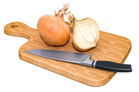 전구 양파는 칼 옆에 있는 나무 판에 놓여 있으며 흰색 배경에 3d 렌더링이 분리되어 있습니다 3차원 형태에 대한 스톡 사진 및 기타 이미지 Istock