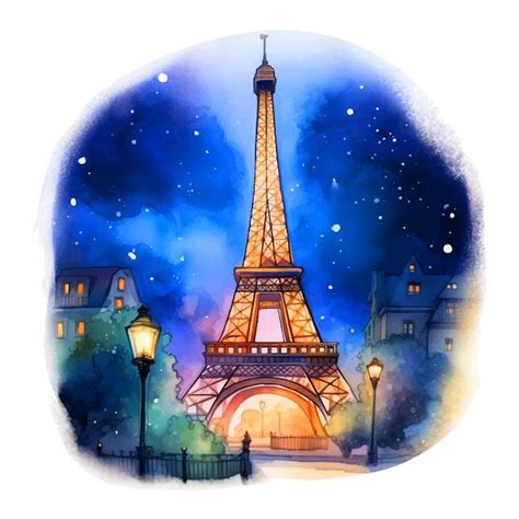 Париж эйфелева башня ночью акварельной краской Премиум векторы