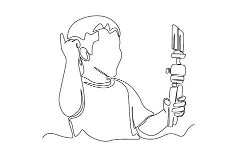 연속 한 줄 그리기 삼각대 블로깅 개념에서 스마트폰과 대화하는 동안 자신의 라이프스타일 블로그를 녹음하는 행복한 어린 소년 한 줄 그리기 디자인 벡터 그래픽 그림 프리미엄 벡터
