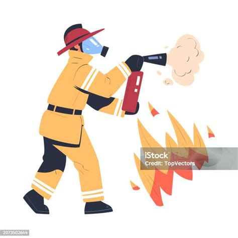 소화기를 사용해 불을 끄는 전문 소방관 제복을 입은 소방관 캐릭터 구조 장비가 있는 마스크와 모자 액션 만화에서 구조 응급 서비스 구조에 대한 스톡 벡터 아트 및 기타