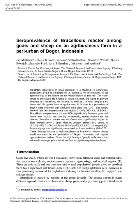 Pdf Seroprevalence Of Brucellosis Reactor Among Goats And Sheep On An Agribusiness Farm In A