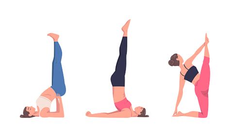 요가를 하는 아름다운 여성들 수업에서 어깨 받침대와 수직 분할을 연습하는 소녀들 육체와 영적 연습 만화 벡터 일러스트 레이 션