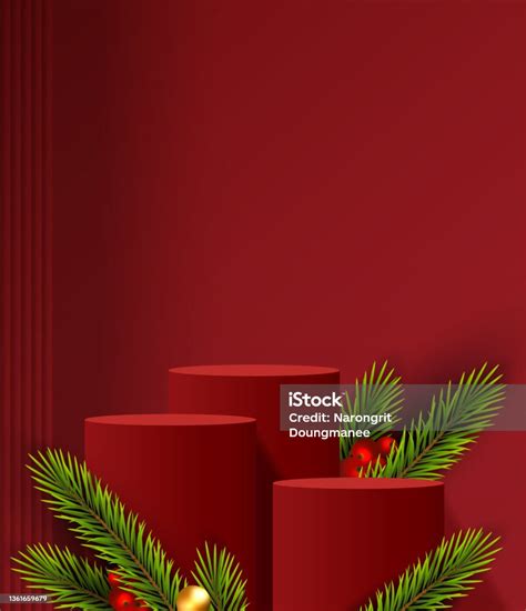 메리 크리스마스는 쇼 화장품 디스플레이기하학 연단 모양입니다 무대 받침대 또는 플랫폼 프로모션 제품에 대한 나무 크리스마스와 겨울 크리스마스 빨간색 배경 벡터 설계 개념에