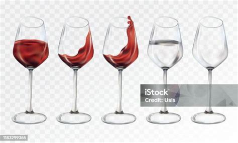 수집 와인 잔 빈 및 안경 물 레드 와인과 물을 뿌린다 3d 사실적인 투명 와인 잔 벡터 일러스트레이션 엎지름에 대한 스톡 벡터