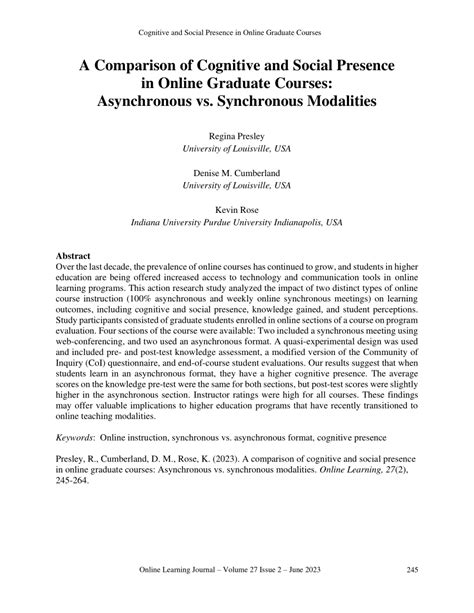 Pdf A Comparison Of Cognitive And Social Presence In Online Graduate Courses Asynchronous Vs