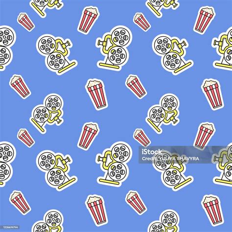 화려한 영화 디자인 요소와 영화 아이콘의 원활한 패턴 빈티지 스타일의 필름 기호와 배경입니다 팝콘 상자 복고풍 영화 카메라와