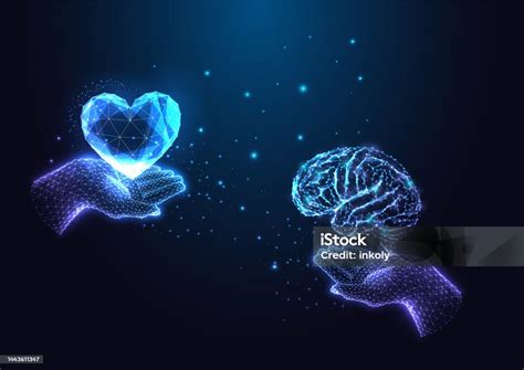 감성 지능 빛나는 스타일로 뇌와 심장 모양을 잡고 있는 손으로 공감 개념 개념에 대한 스톡 벡터 아트 및 기타 이미지 개념 개발 로우 폴리곤 모델링 Istock