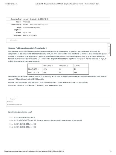 Actividad 3 Programación Lineal Método Simplex Revisión Del Intento Campusvirtual Ibero